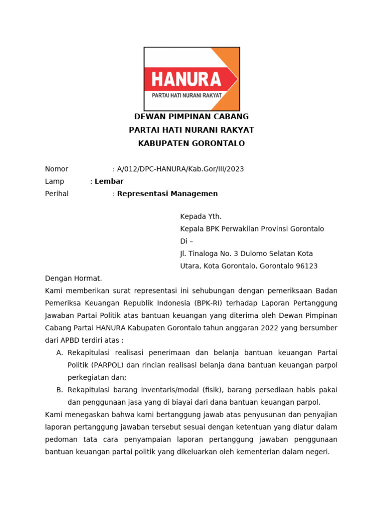 Surat Representasi DPC Hanura Gorontalo | PDF
