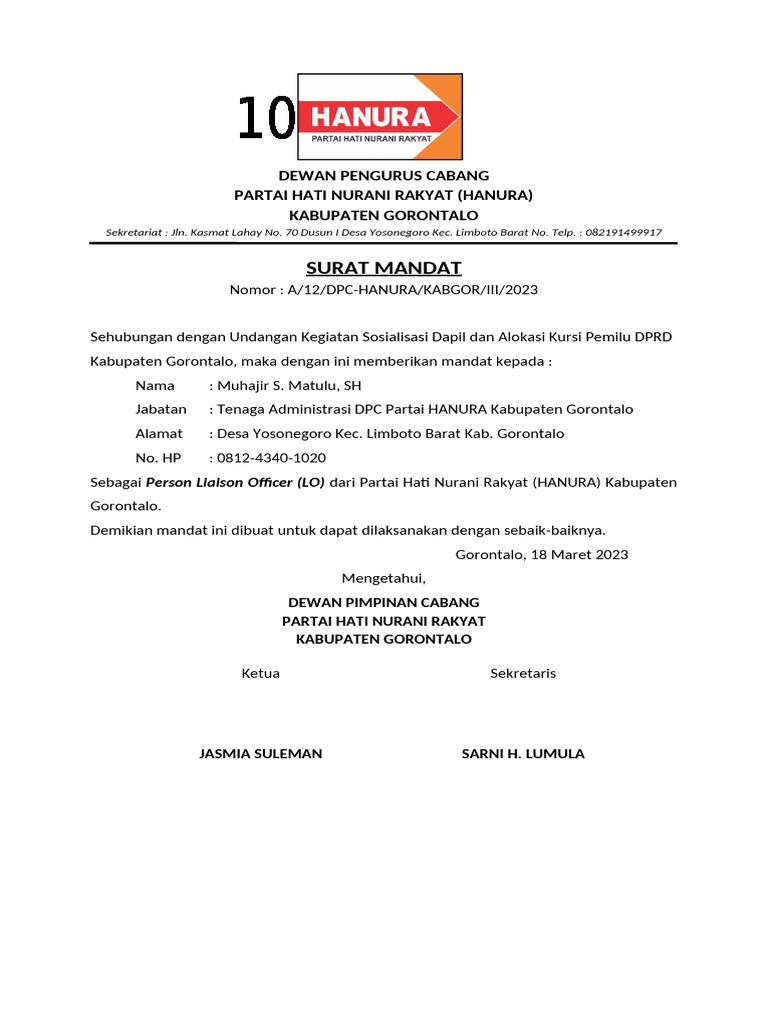 Surat Mandat DPC Kpu Kabgor Hanura | PDF