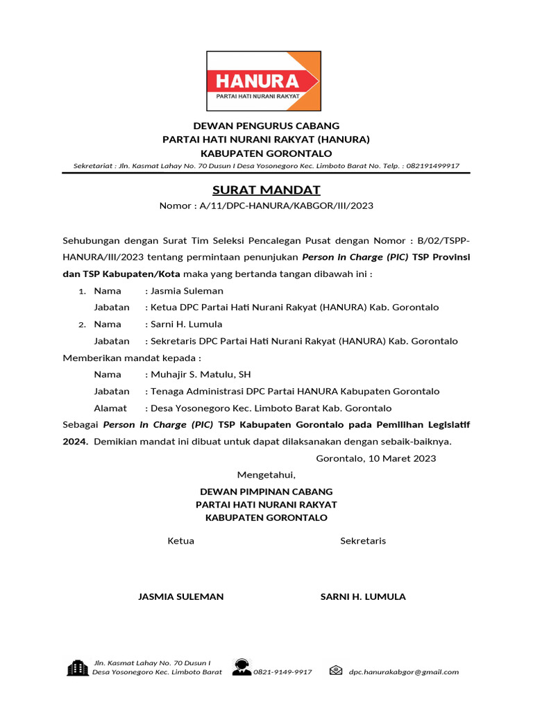 Surat Mandat Pic DPC Hanura Kabgor | PDF