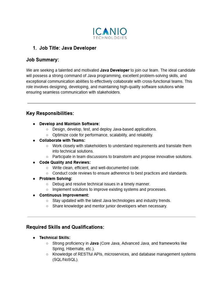 Java Fresher Job Description | PDF