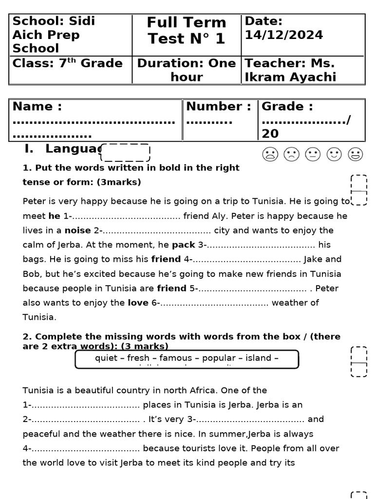 7th Grade English Language Test | PDF