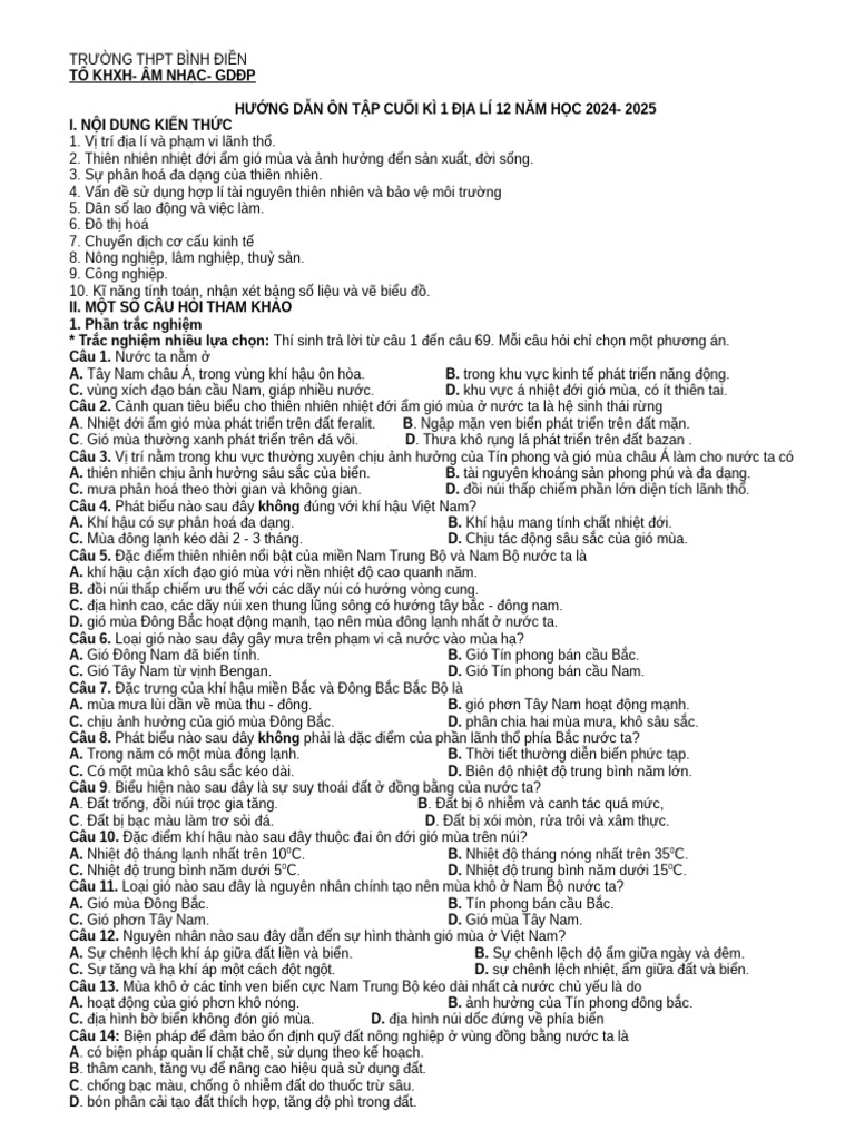 ĐỀ CƯƠNG CK1 ĐỊA LÍ 12 GỬI HS | PDF