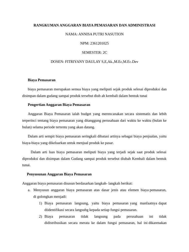 TUGAS Rangkuman Anggaran Biaya Pemasaran Dan Administrasi. ANNISA PUTRI NST 2C | PDF
