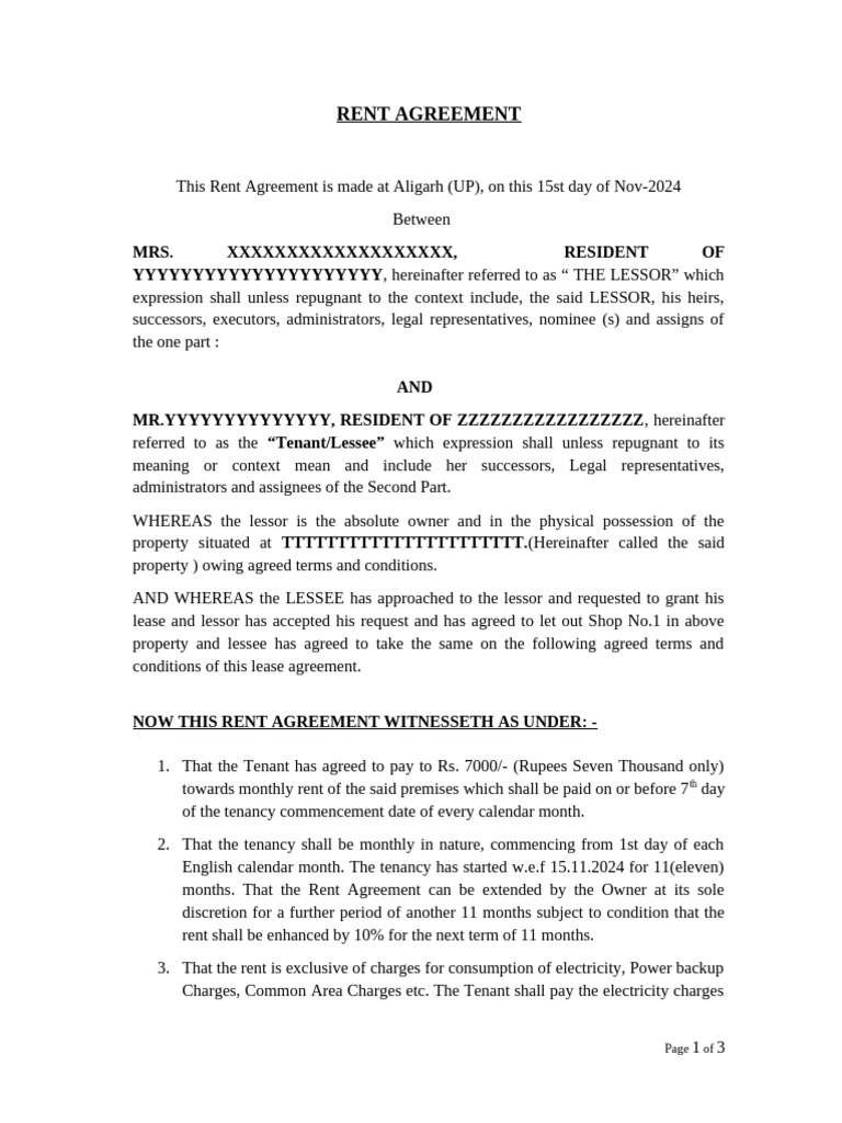 Rent_AgrimentWord | PDF | Lease | Leasehold Estate