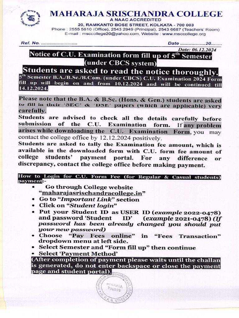 CU Exam Form Fill Up 5th Semester2024 Under CBCS | PDF