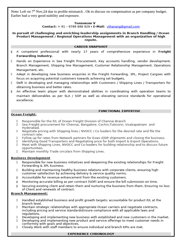 Tharangini V - Nexus - Chennai | PDF | Cargo | Logistics