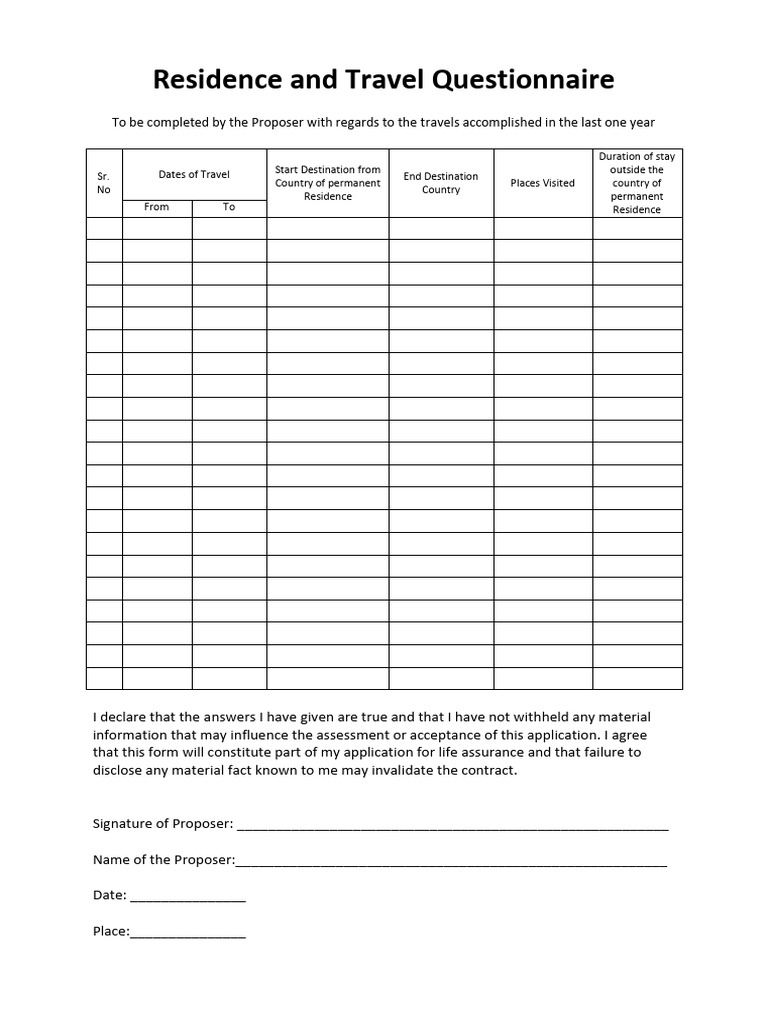 Residence and Travel Questionnaire | PDF