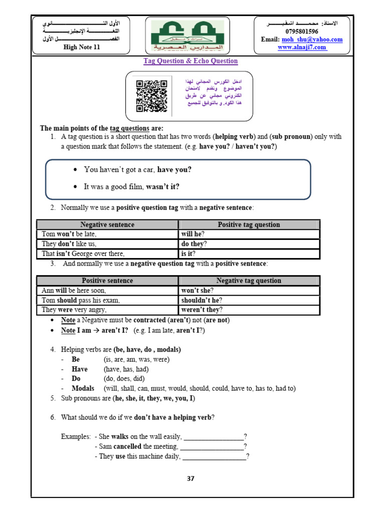 Tag and Echo Questions in English | PDF | Question | Linguistic Typology