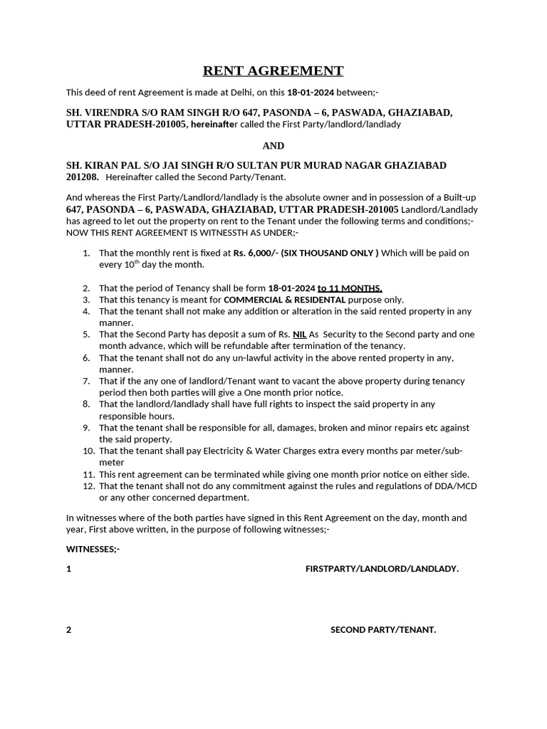 RENT AGREEMENT SONU | PDF | Landlord | Leasehold Estate