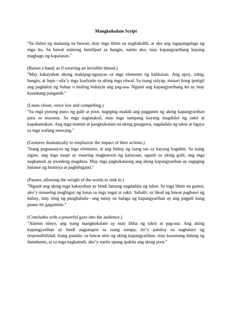 Mangkukulam Script For Character Interpretation | PDF