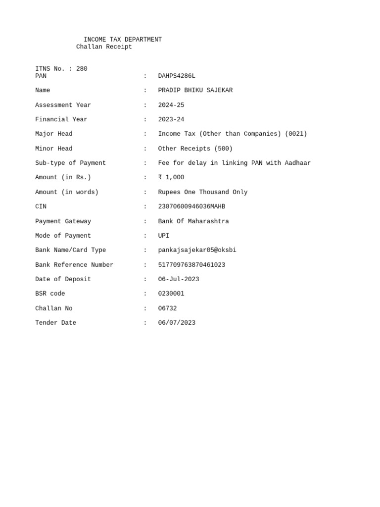 Pan Adhar Link ChallanReceipt | PDF