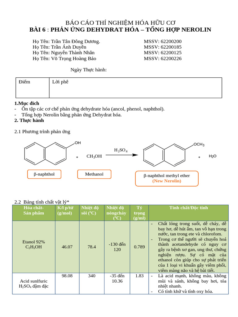 Bài 6 Phản ứng dehydrat hóa-Tổng hợp nerolin | PDF