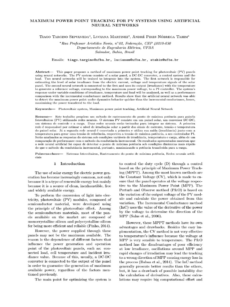 View of MAXIMUM POWER POINT TRACKING FOR PV SYSTEMS USING ARTIFICIAL NEURAL NETWORKS | PDF