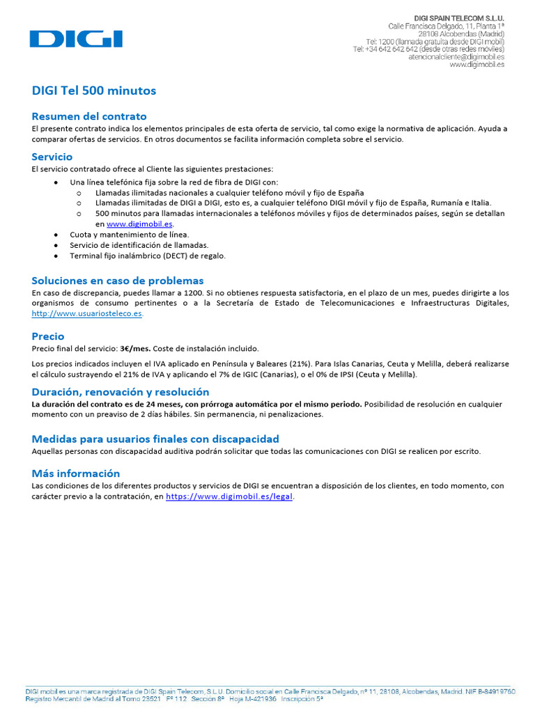 Teléfono Fijo DIGI: 500 Minutos Internacionales | PDF