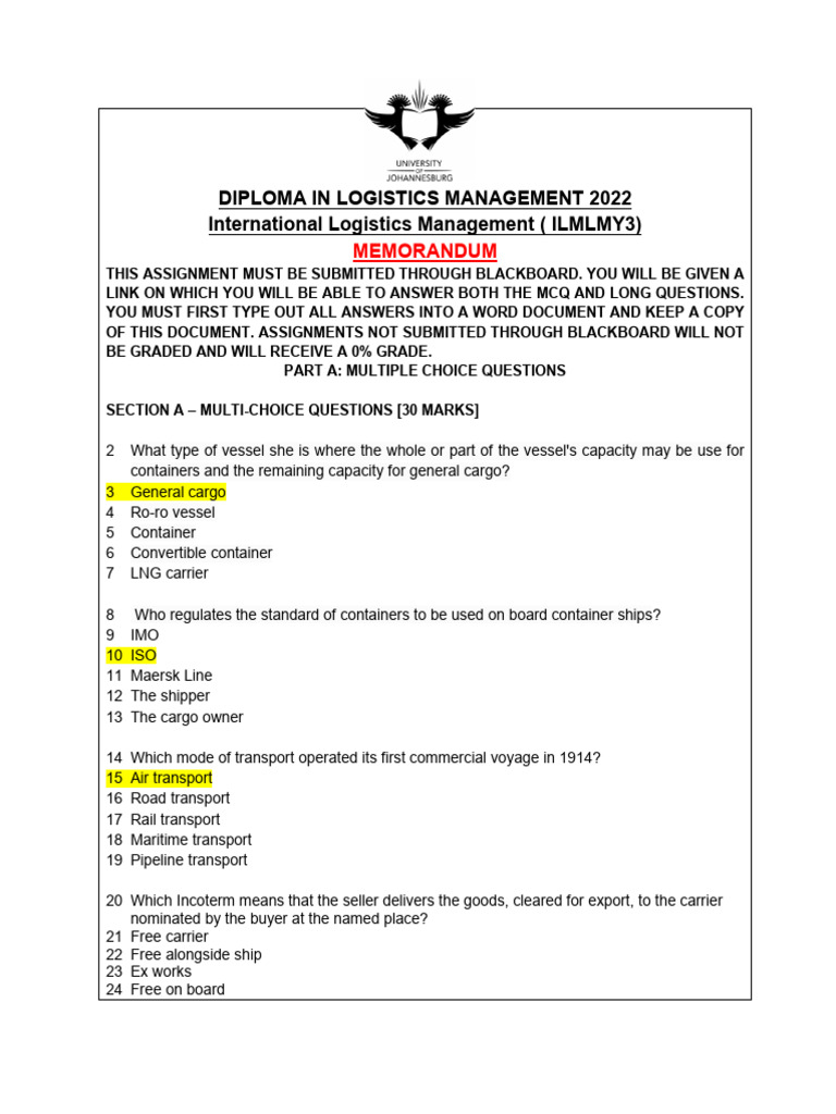 Ilmlmy3 Assignment Memo 2022 PDF | PDF | Cargo | Transport