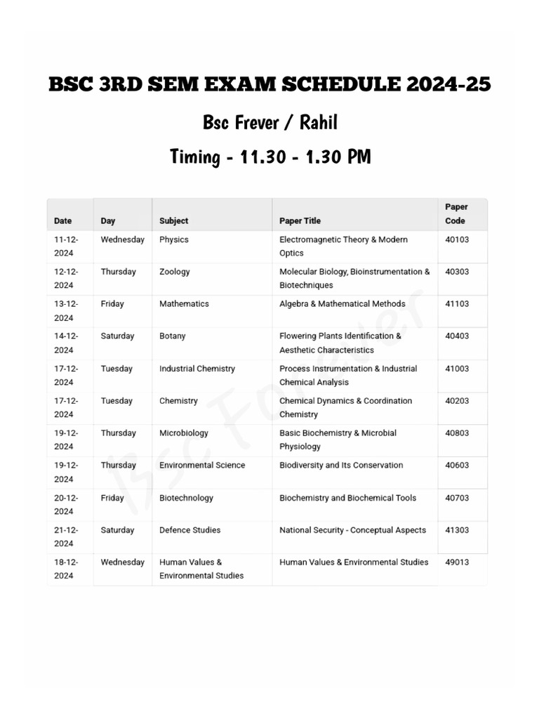 BSC 3rd Sem All Exams Schedule 2025 | PDF