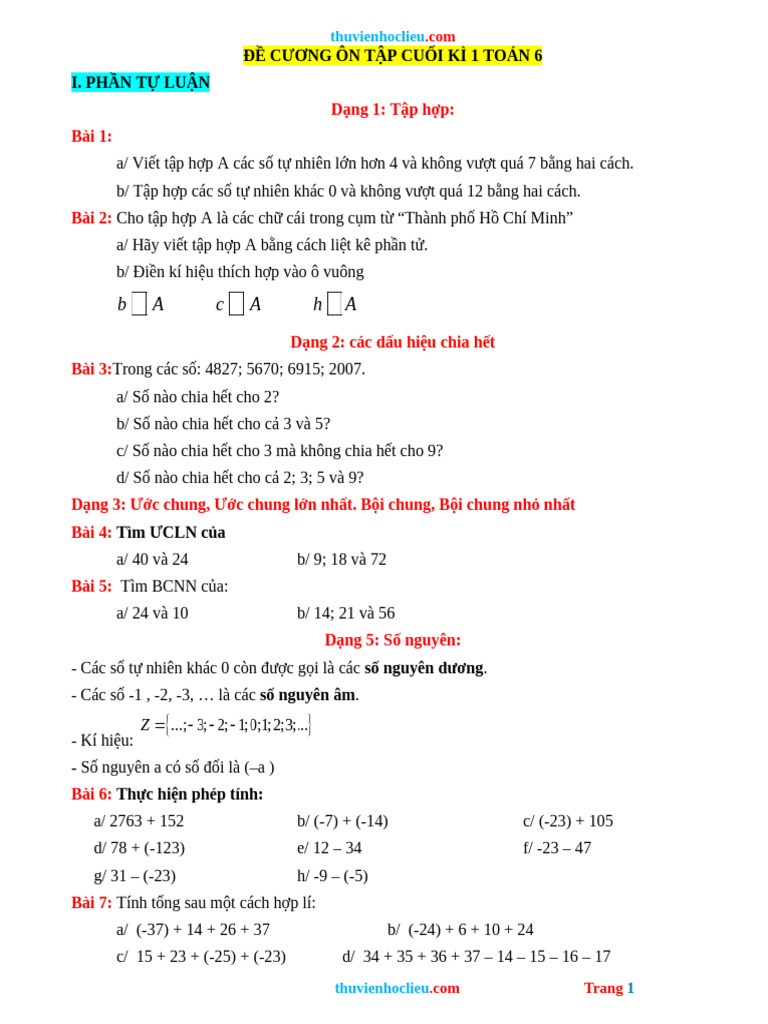 thuvienhoclieu.com-De-cuong-on-tap-HK1-Toan-6-nam-23-24 | PDF