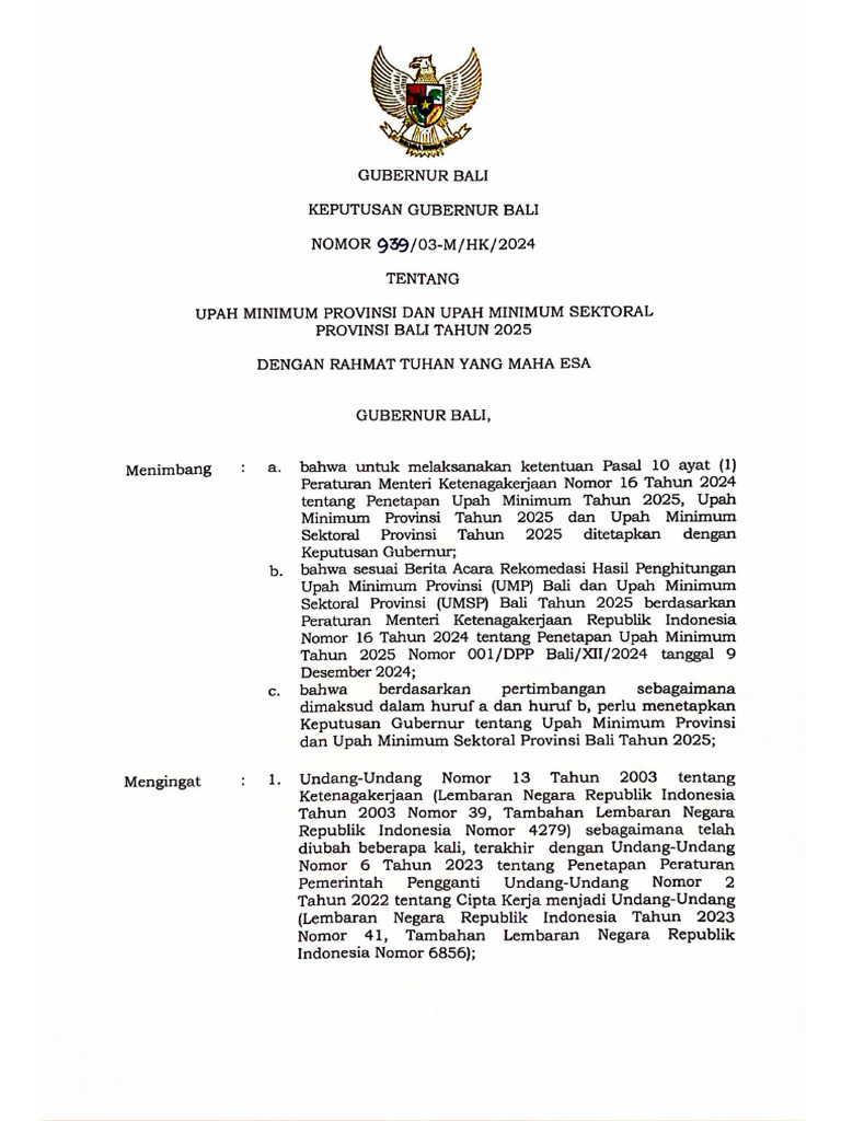 SK UMP Dan UMSP Bali Tahun 2025 | PDF