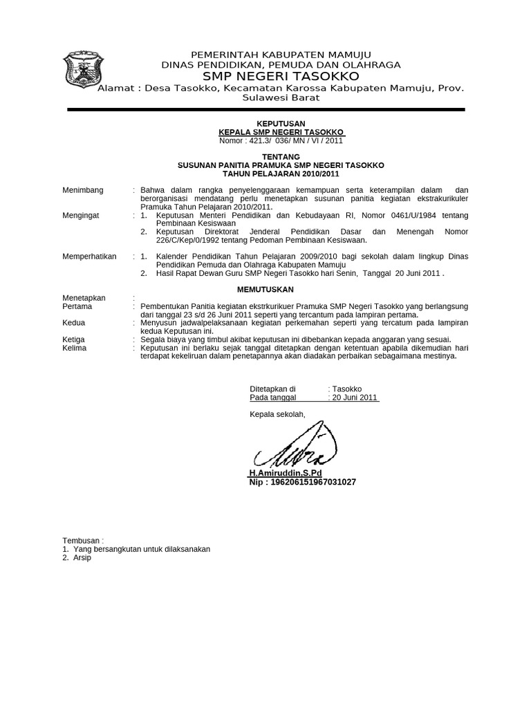 Susunan Panitia Pramuka SMP Tasokko 2011 | PDF