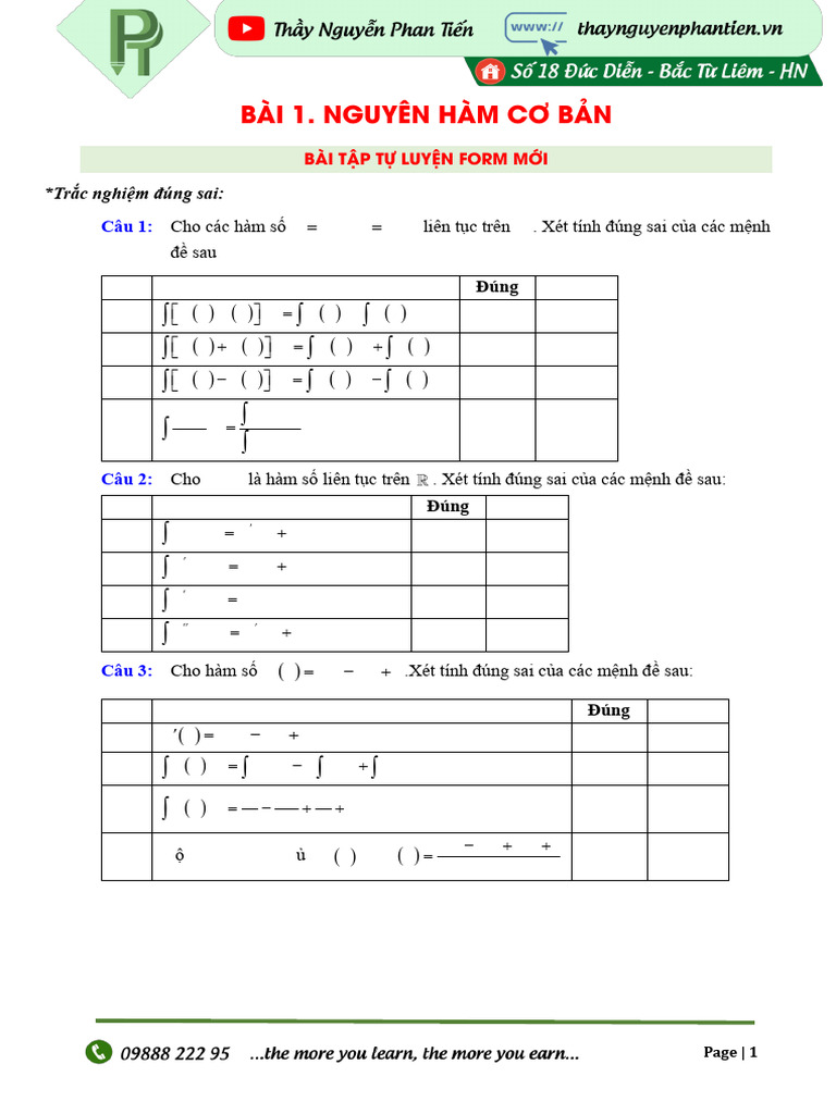 BTTL - Nguyên Hàm - BT | PDF