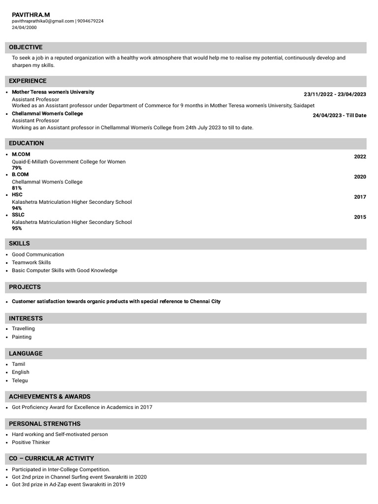 M Pavithra Resume Pdf