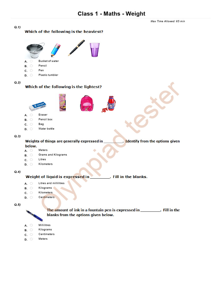 Class 1 Weight Measurement Worksheet | PDF | Litre | Units Of Measurement