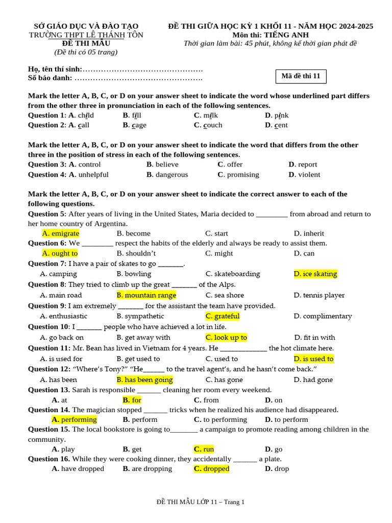 de-thi-mau-khoi-11_239202412 | PDF | Adolescence