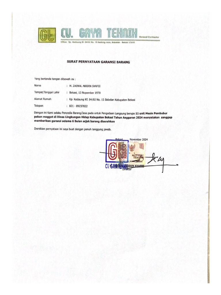 Surat Pernyataan Garansi Barang | PDF