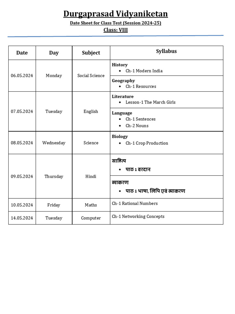 Class VIII Test Schedule 2024-25 | PDF