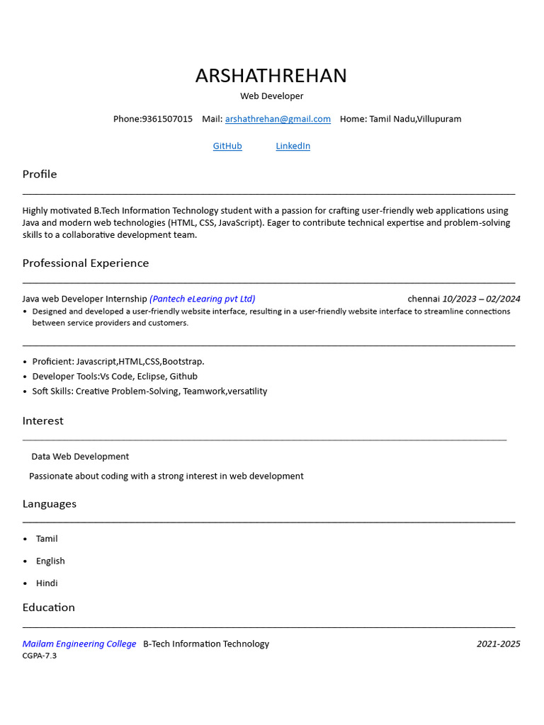 Arshath Rehan Resume | PDF