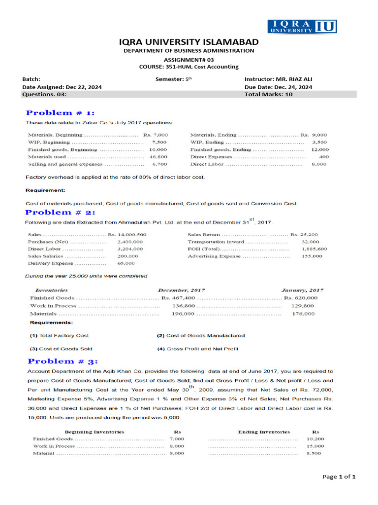 Cost Accounting Assignment | PDF