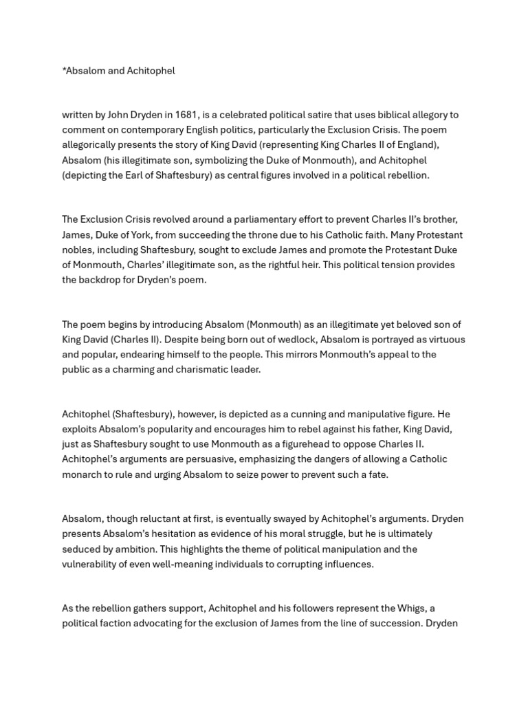 Absalom and Achitophel Political Background | PDF