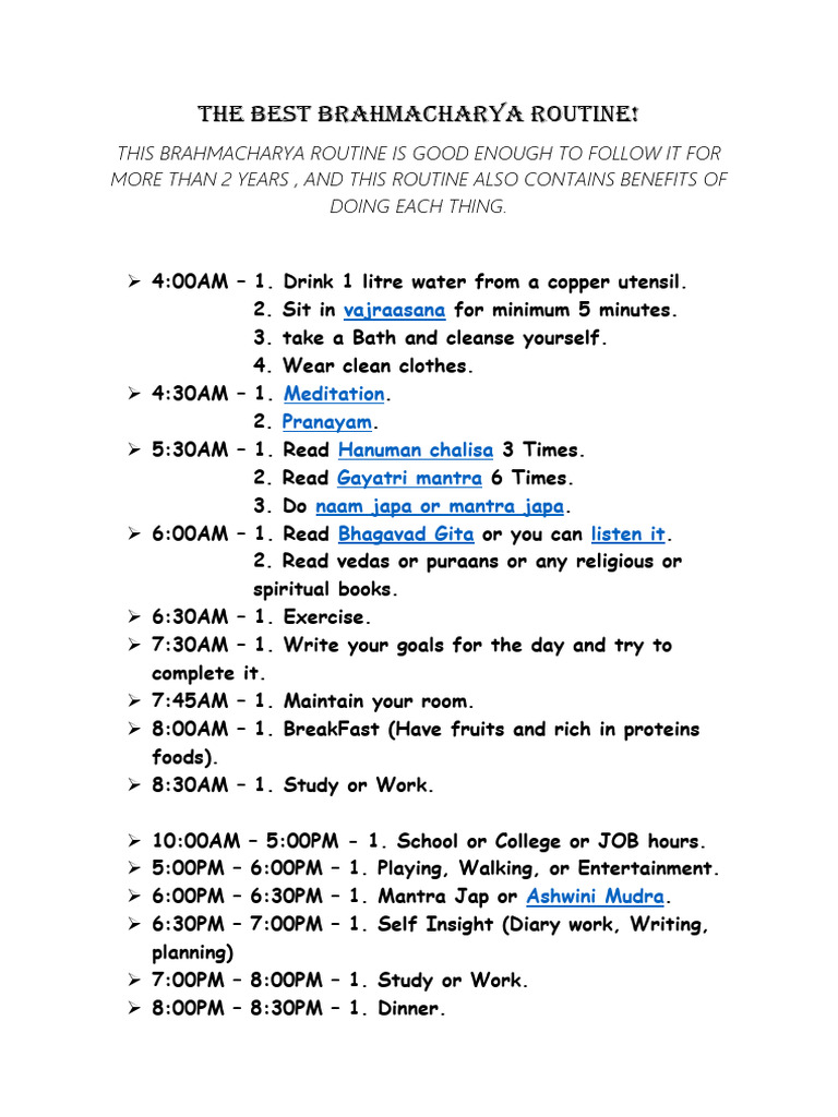 Brahmacharya routine | PDF | Mantra | Meditation