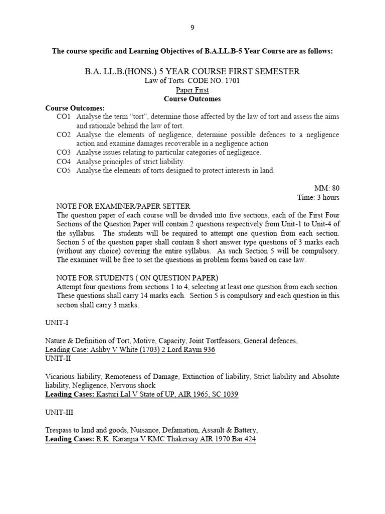 Tort Syllabus Pdf Tort Legal Concepts