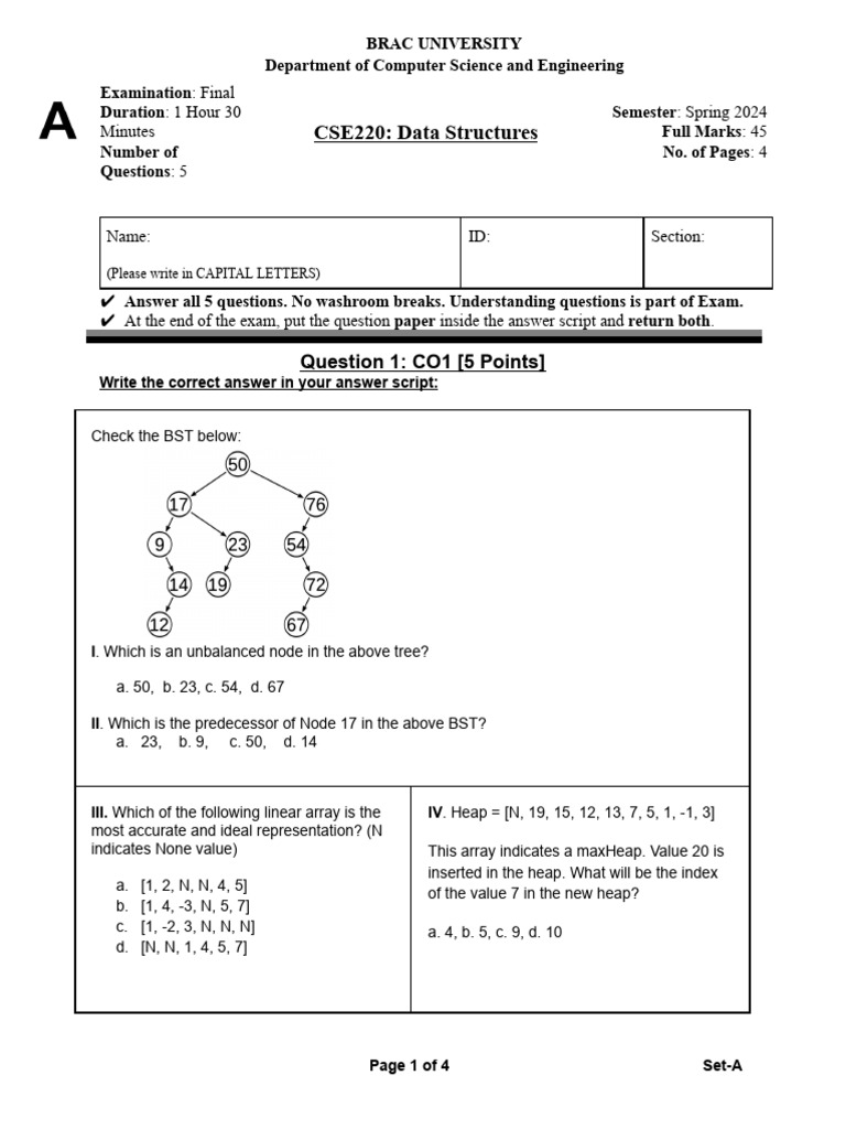 CSE220 Final Spring-24 Set-A | PDF | Function (Mathematics) | Vertex (Graph Theory)