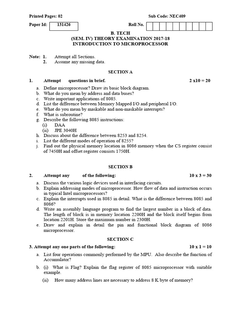 Btech Ec 4 Sem Introduction To Microprocessor Nec409 2018 | PDF | Computer Hardware | Computer Data