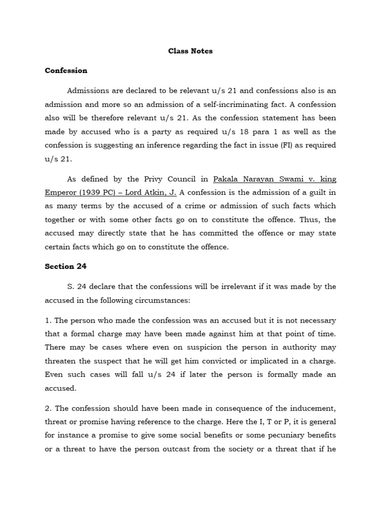 Confession - Class Notes | PDF | Confession (Law) | Arrest
