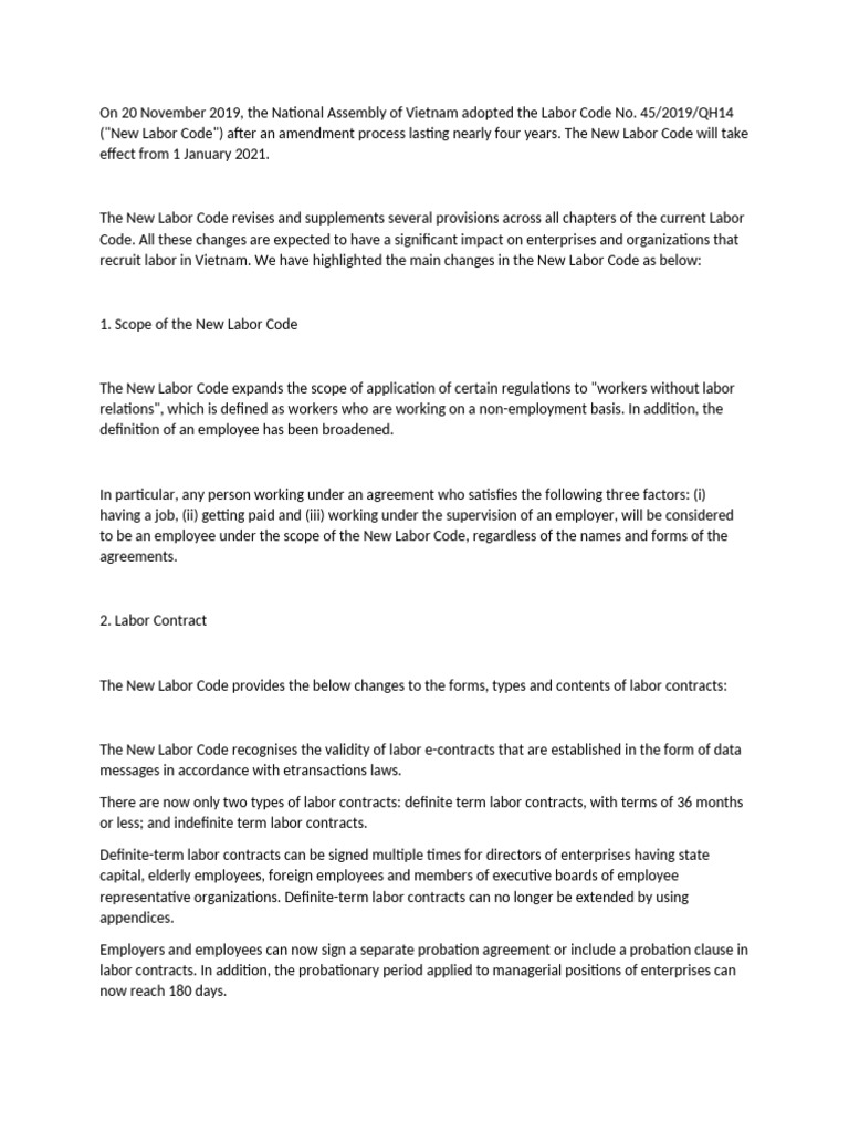 Vietnam's New Labor Code Overview 2021 | PDF | Employment | Labour Law