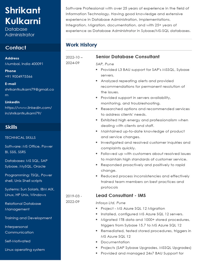 Shrikant_Kulkarni_CV | PDF | Microsoft Sql Server | Databases