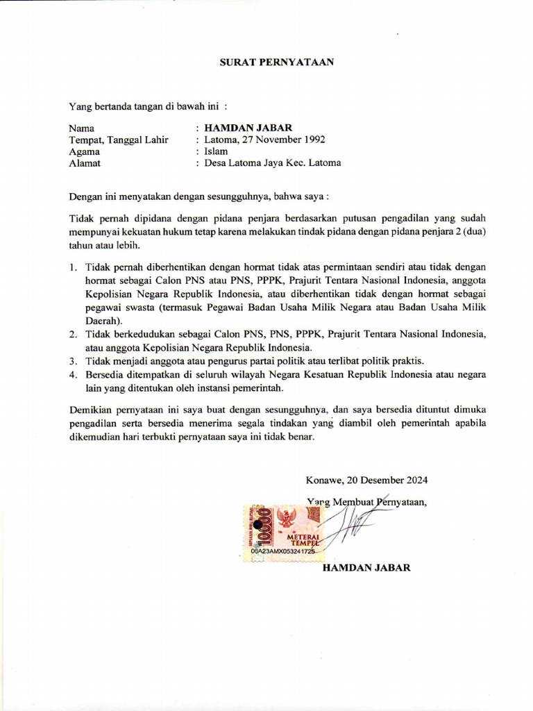surat pernyataan Hamdan | PDF