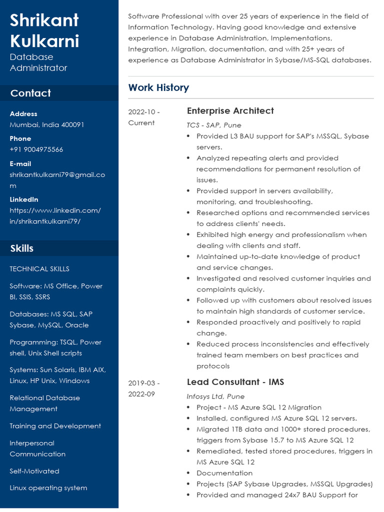 Shrikant_Kulkarni_CV | PDF | Microsoft Sql Server | Databases