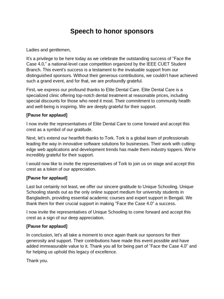 Speech To Honor Sponsors | PDF
