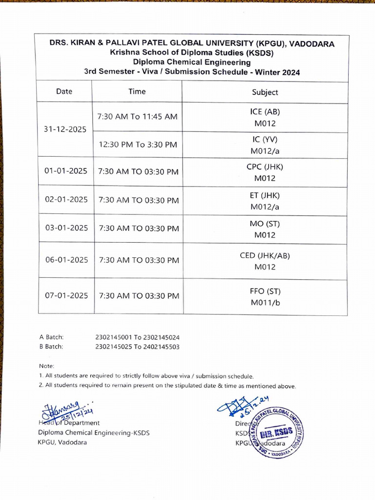 3rd Semester Chemical Batch-24 Viva & Submission Schedule | PDF