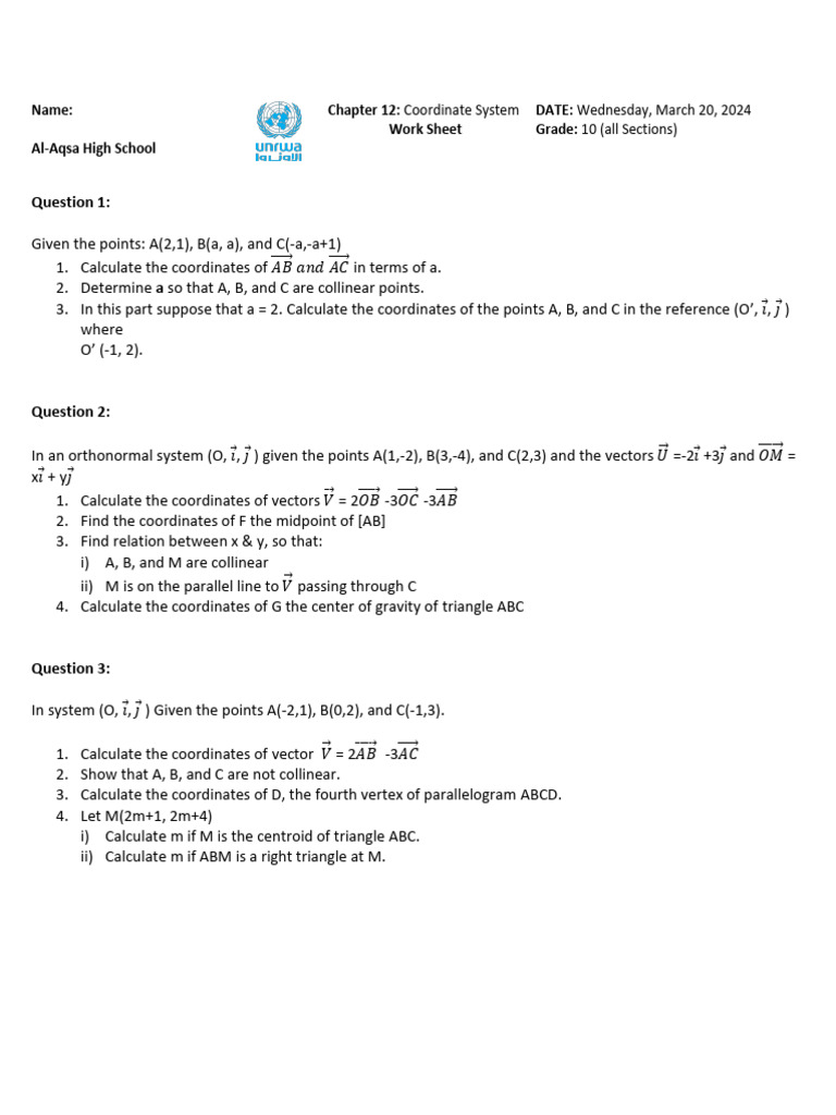 Grade 10 Coordinate System Worksheet | PDF
