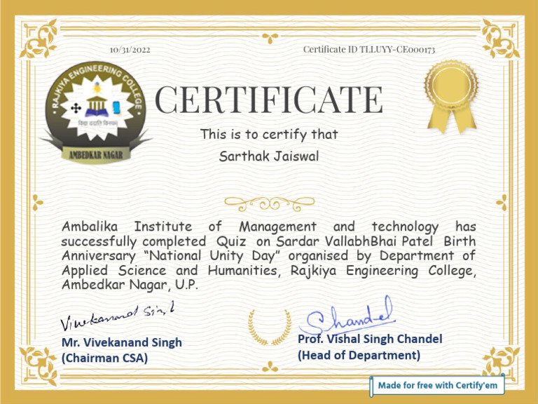 National Unity Day Quiz Certificate | PDF