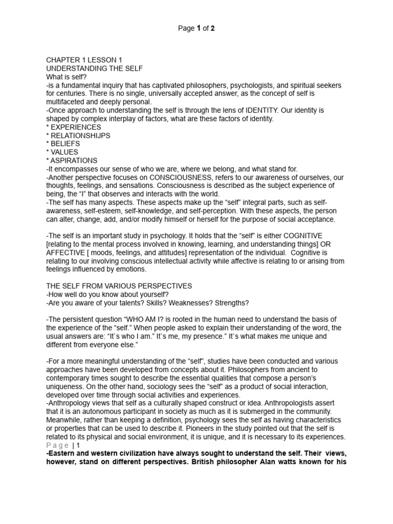 UNDERSTANDING THE SELF INTRODUCTION | PDF | Id | Soul