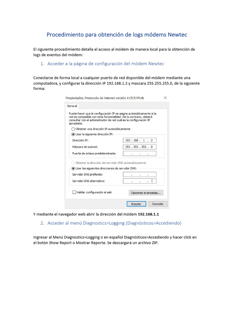 Cómo obtener logs de módem Newtec | PDF