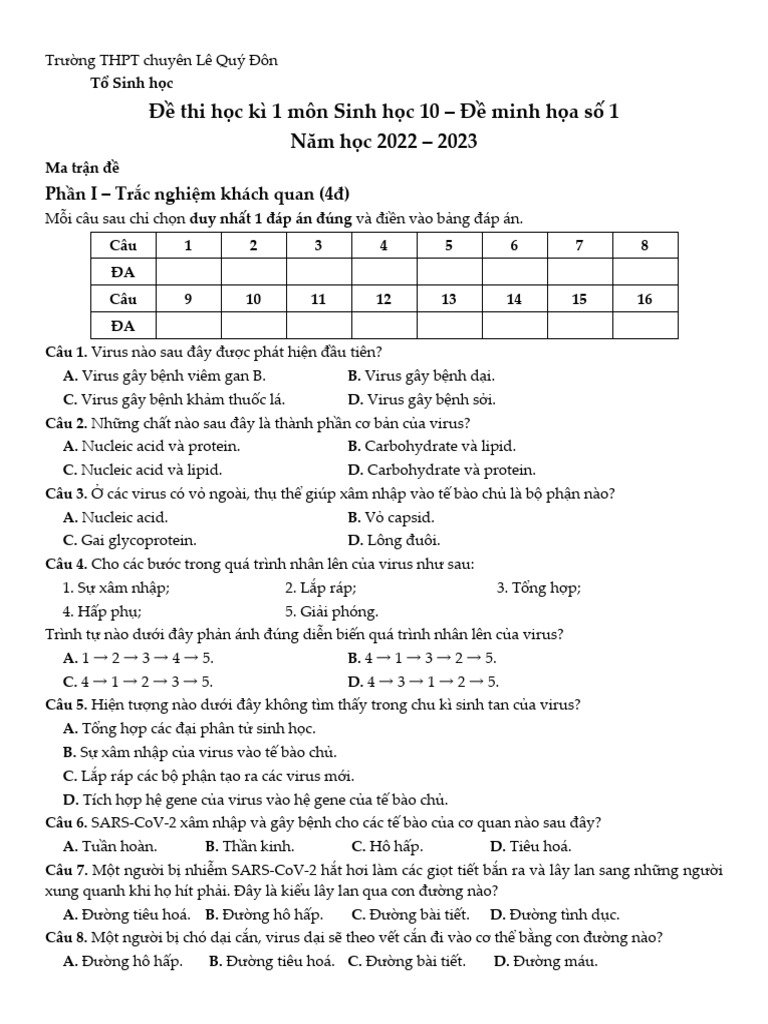 MH Thi HK2 Sinh 10 Đề 1 | PDF