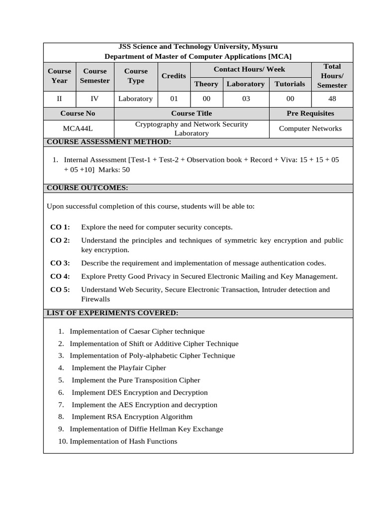 MCA44L Cryptography and Network Security Laboratory | PDF | Encryption | Cryptography