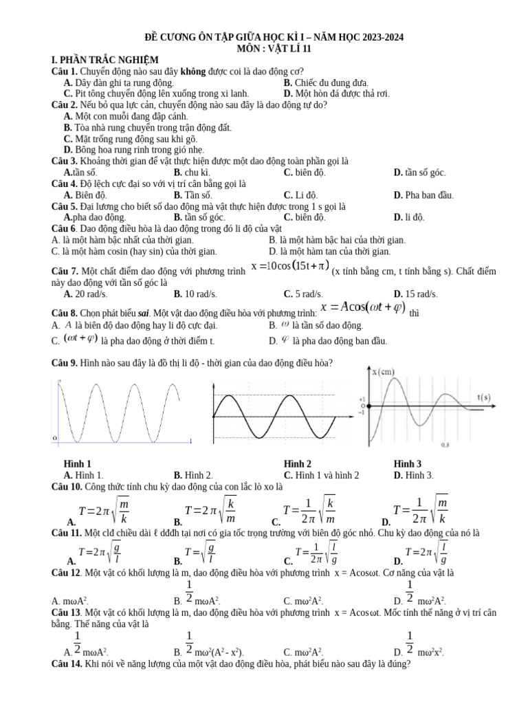 ĐỀ CƯƠNG ÔN TẬP GK1 VL11 23-24 | PDF